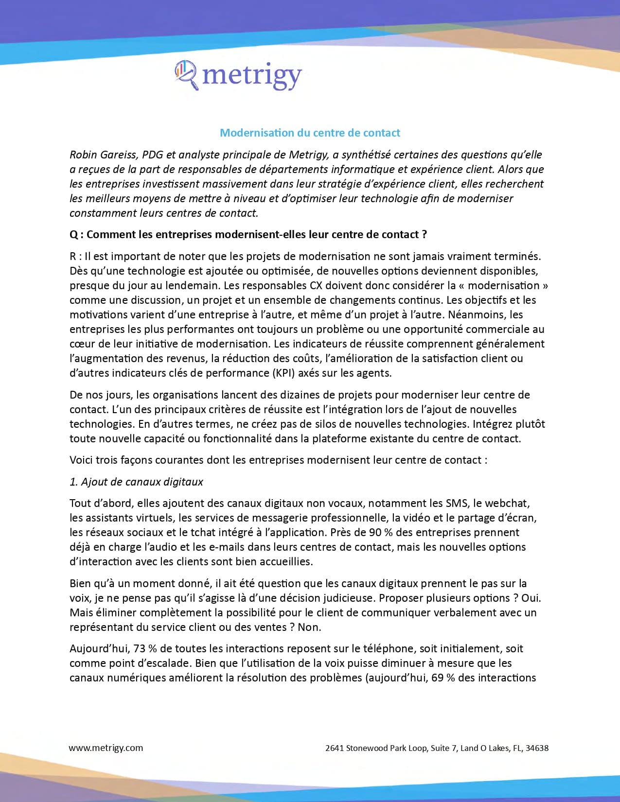 Modernisation des centres de contact | Recherche Metrigy | Avaya ...